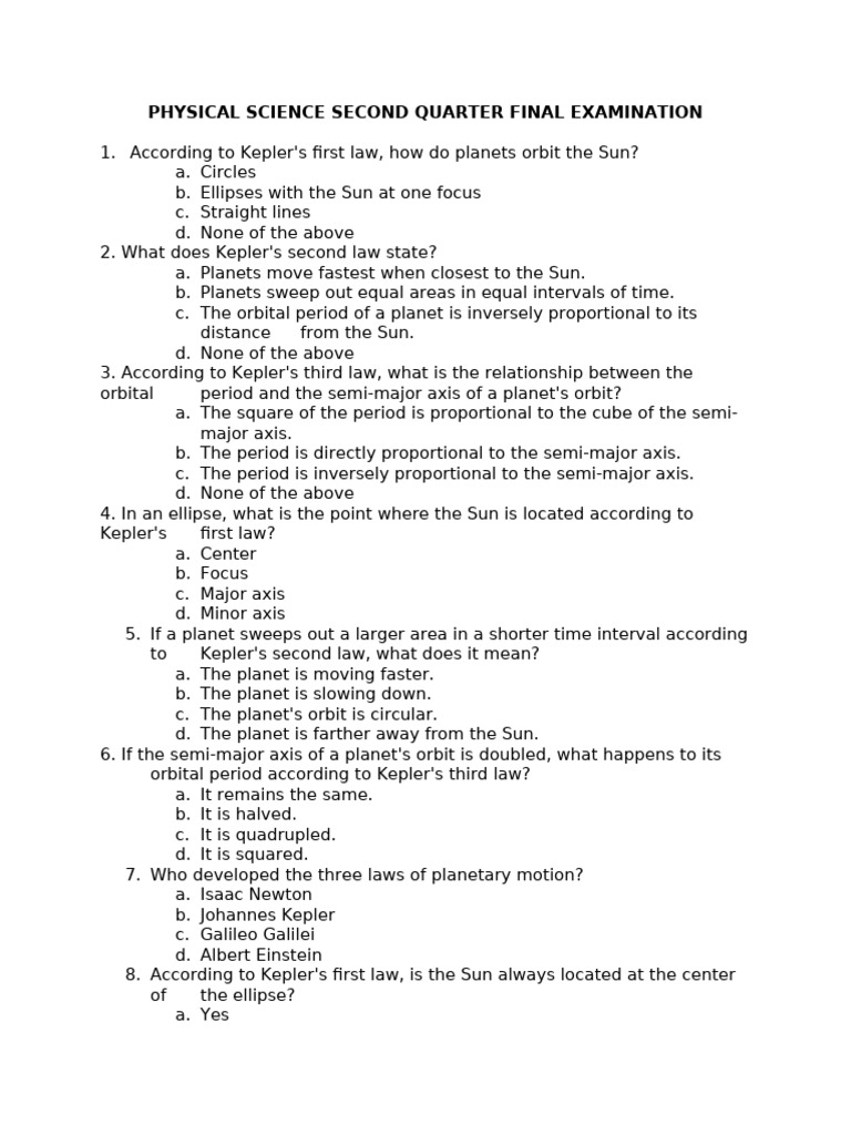 Physical Science Second Quarter Final Examination | PDF | Orbit | Apsis