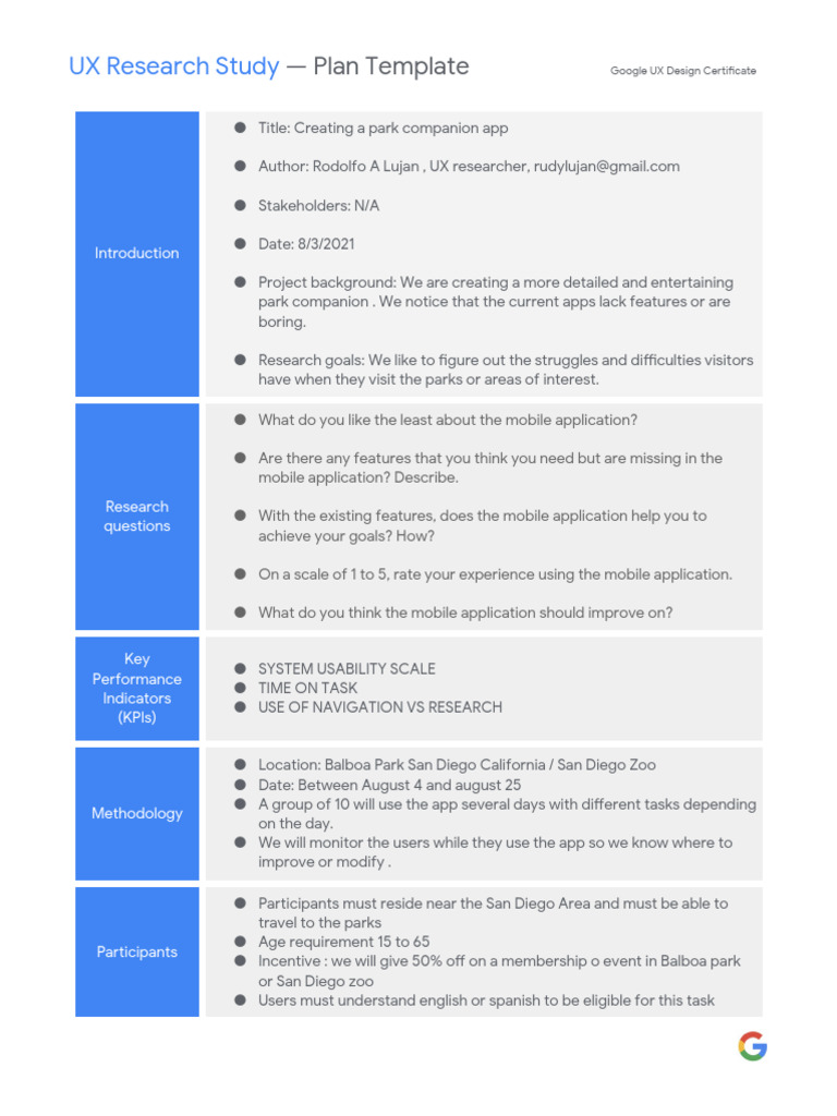 Google UX Design Certificate - UX Research Study Plan (Template) PARK COMPANION APP | PDF ...