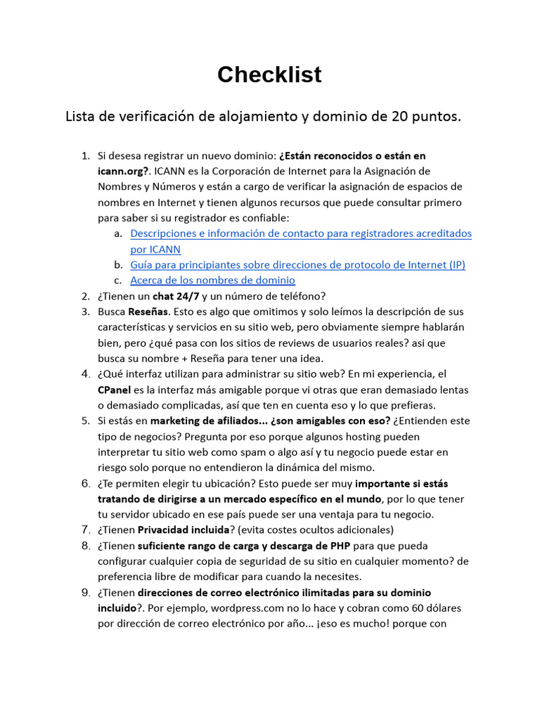 Checklist Hosting & Dominio | PDF | Internet | Redes de computadoras