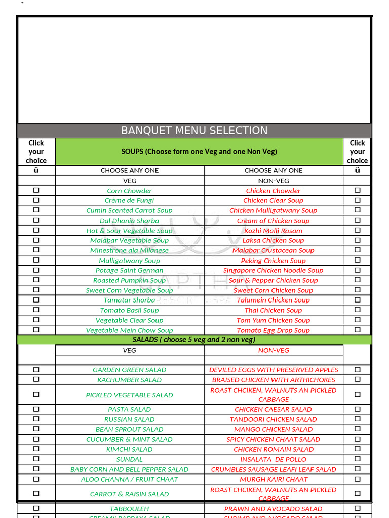 Banquet Menu Selection | PDF | Chicken Soup | Salad