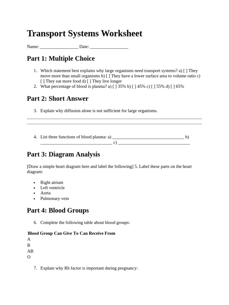 Transport Systems Worksheet | PDF