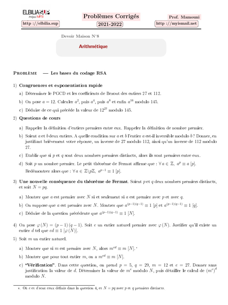 Exercices corrigés sur le codage RSA | PDF