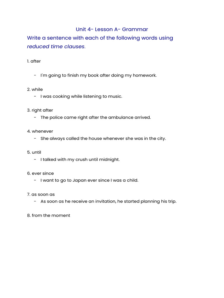 Reduced Time Clauses Grammar Exercises | PDF
