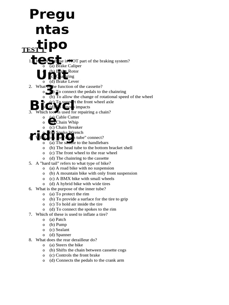 Bicycle Maintenance Quiz Answers | PDF