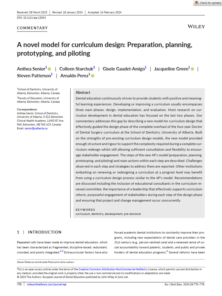 Eur J Dental Education - 2024 - Senior - A Novel Model For Curriculum ...