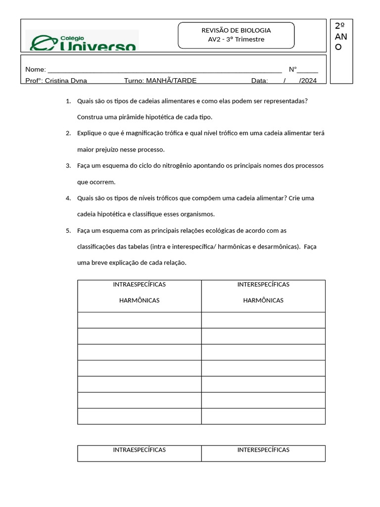 Revisão de Biologia - Av2 - 3º Tri - 2 Ano - 2024 | PDF