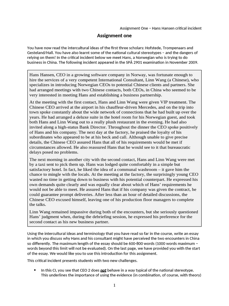 Assignment One - Hans Hansen Critical Incident | PDF | Essays | Social ...