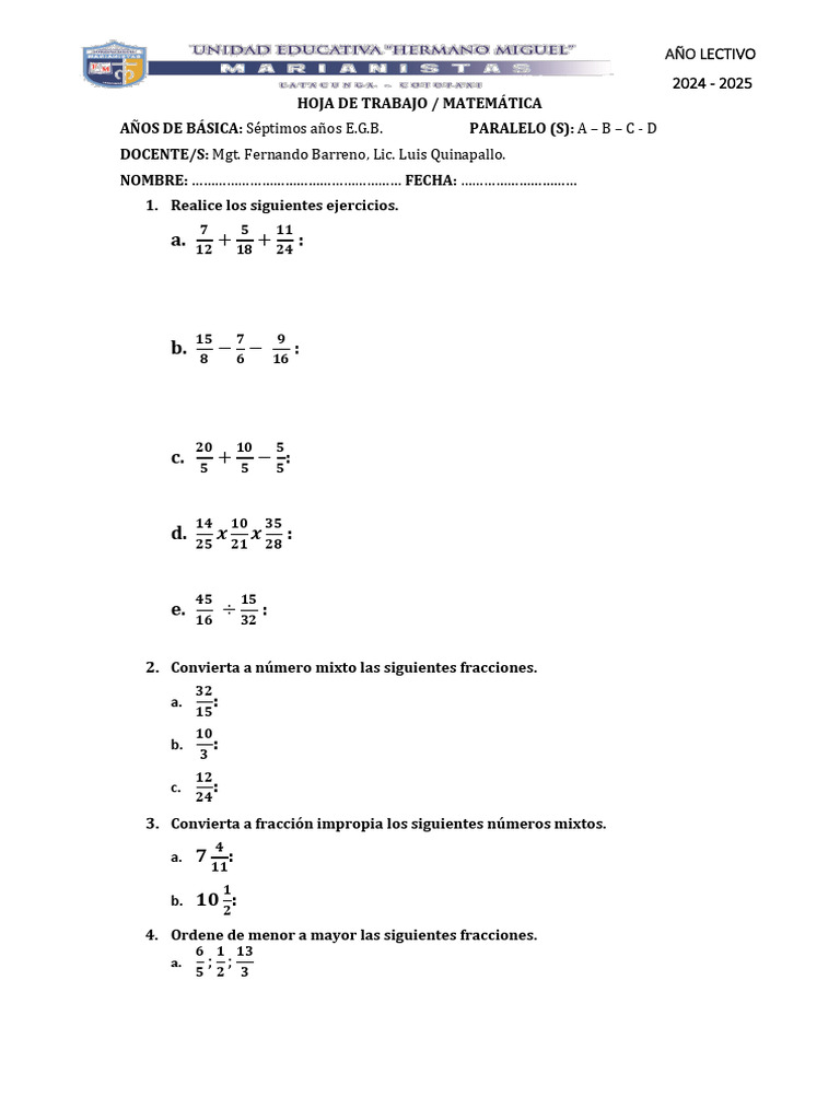 Ejercicios de Matemática Séptimo EGB | PDF