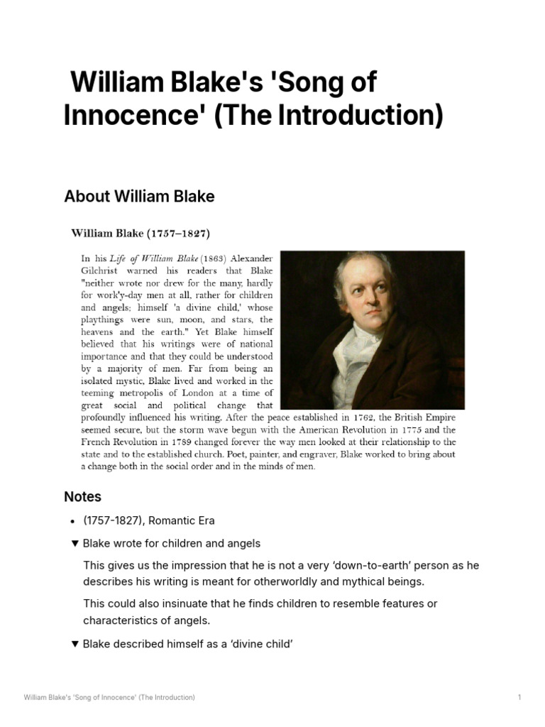 William Blakes Song of Innocence (The Introduction) | PDF | William ...