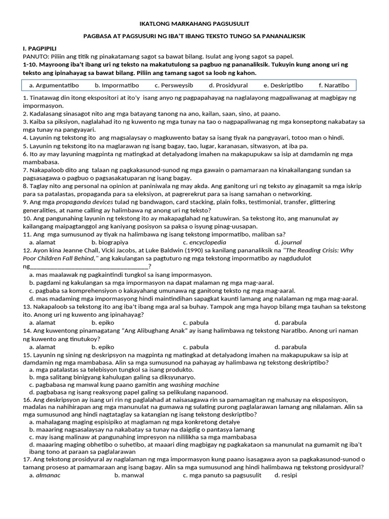 3RD Q Exam Pagbasa | PDF