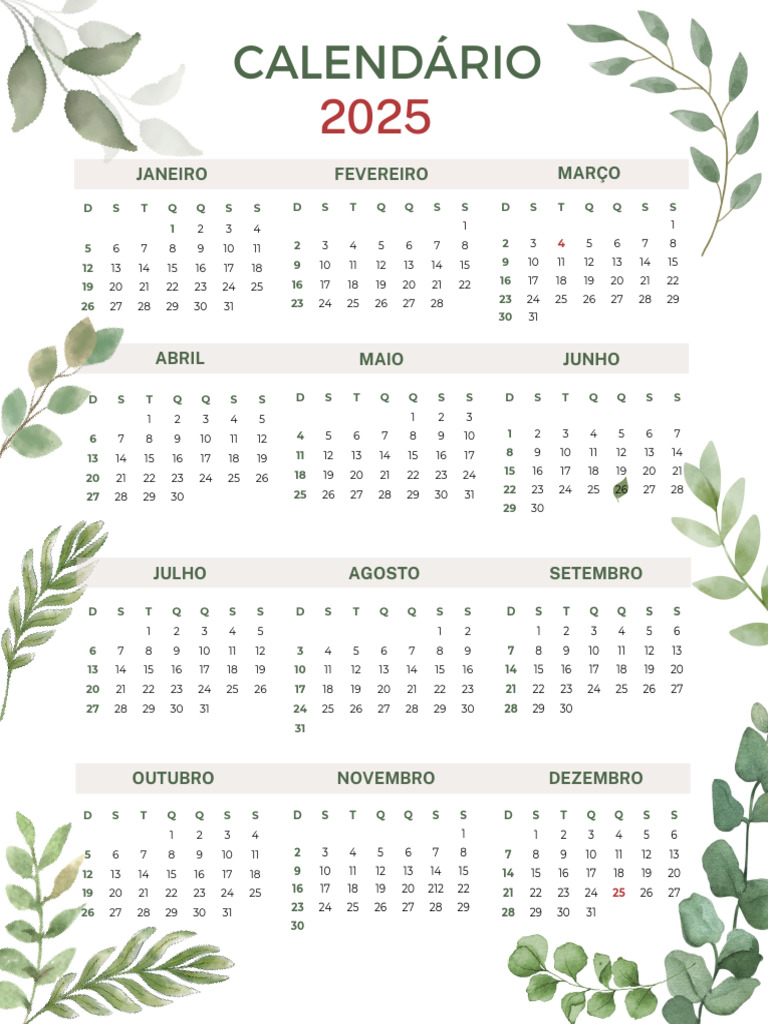 Calendário A4 Anual de 2025 Folhas | PDF