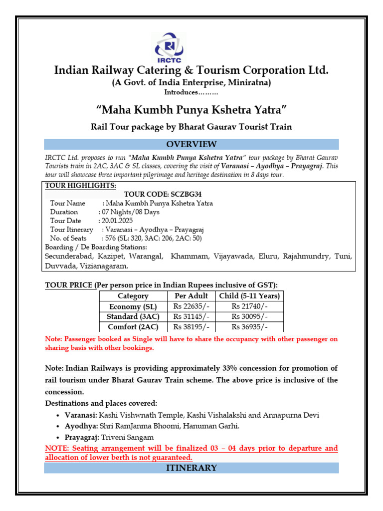 Indian Railway Catering & Tourism Corporation Ltd. "Maha Kumbh Punya Kshetra Yatra" | PDF | Meal ...