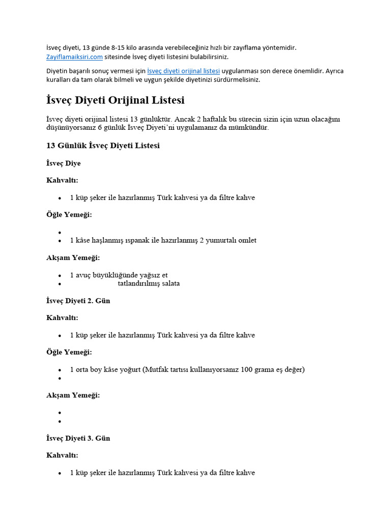 Isvec Diyeti Listesi Orjinal | PDF