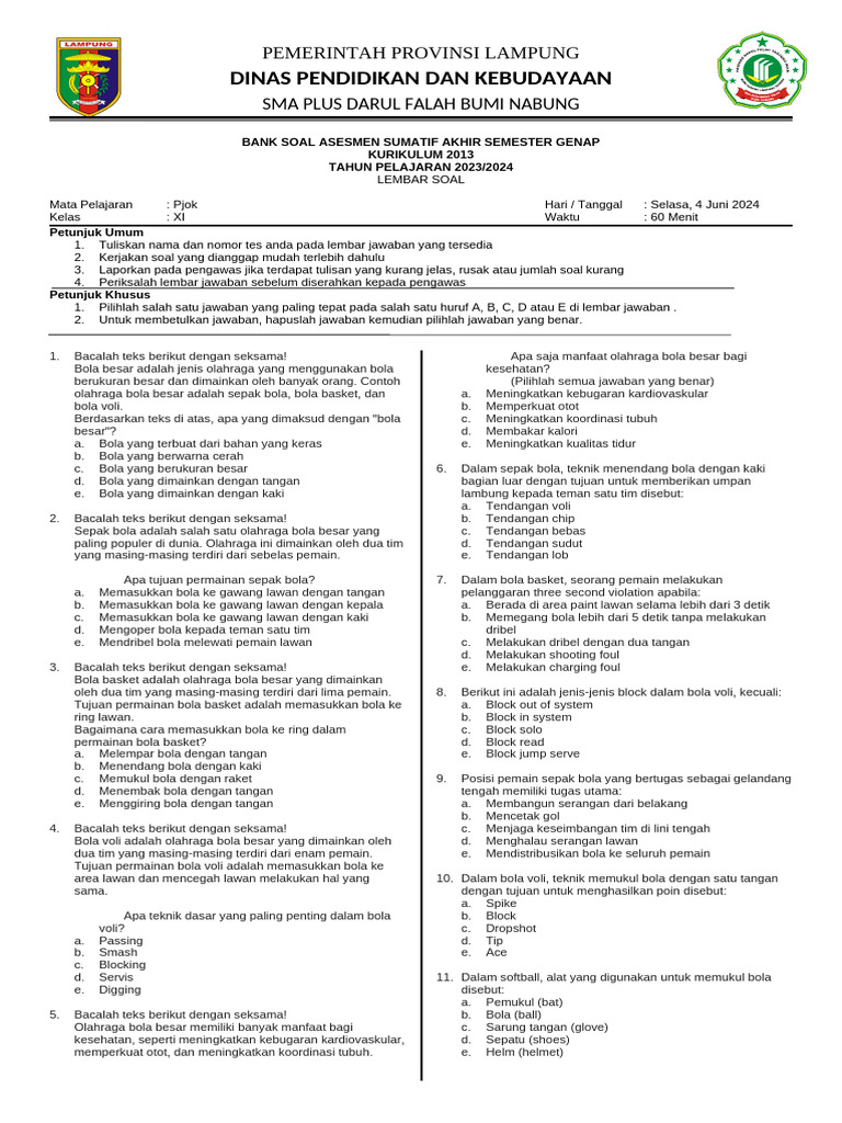 Soal_PJOK_ASAS Genap 2024_Kls XI_K13 | PDF
