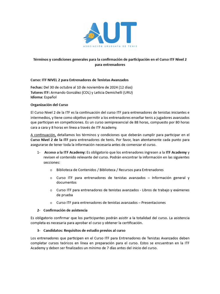 Terminos y Condiciones Nivel 2 ITF - 2024 | PDF