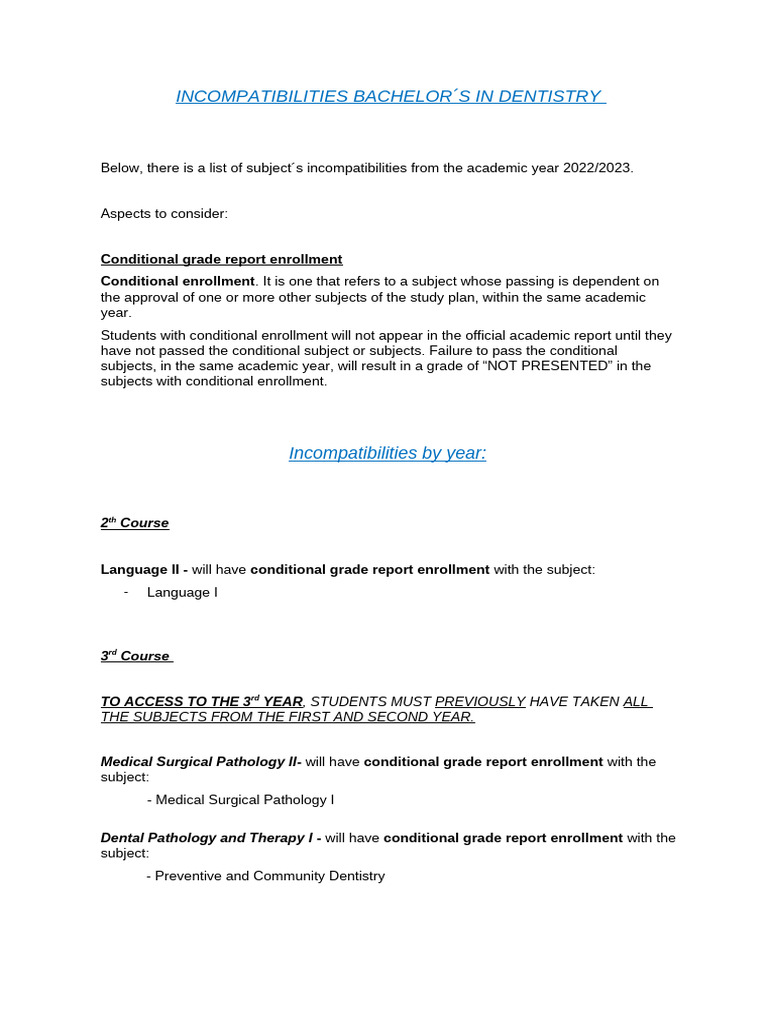 Dentistry Bachelor's Course Incompatibilities | PDF | Dentistry | Pathology