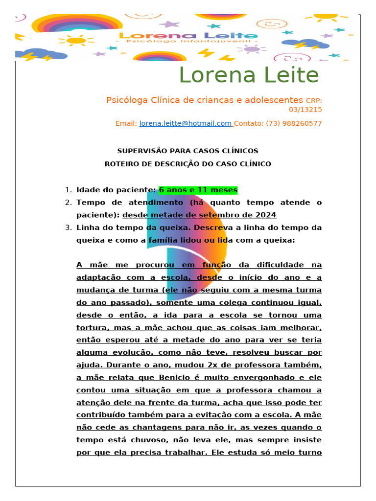 Roteiro de Caso Supervisão Lorena | PDF | Família | Tempo