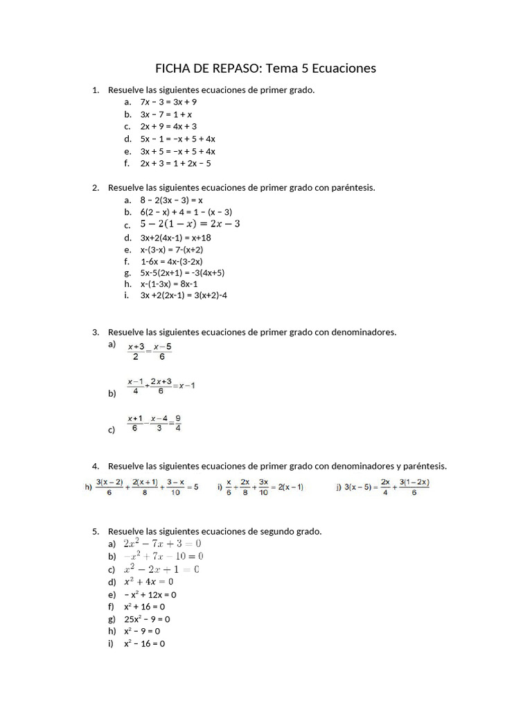 FICHA DE REPASO T4 Ecuaciones y Sistemas | PDF