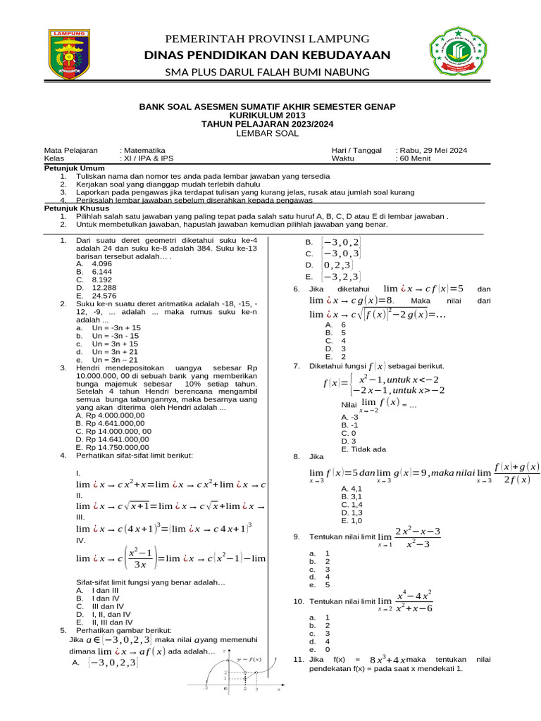 Soal - Mat (Wajib) - ASAS Genap 2024 - Kls XI - K13 | PDF