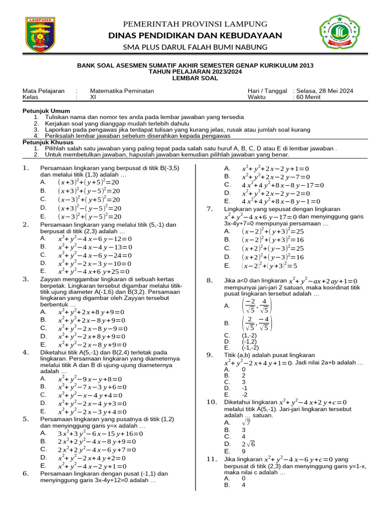 Soal_Mat (Peminatan)_ASAS Genap 2024_Kls XI_K13 | PDF