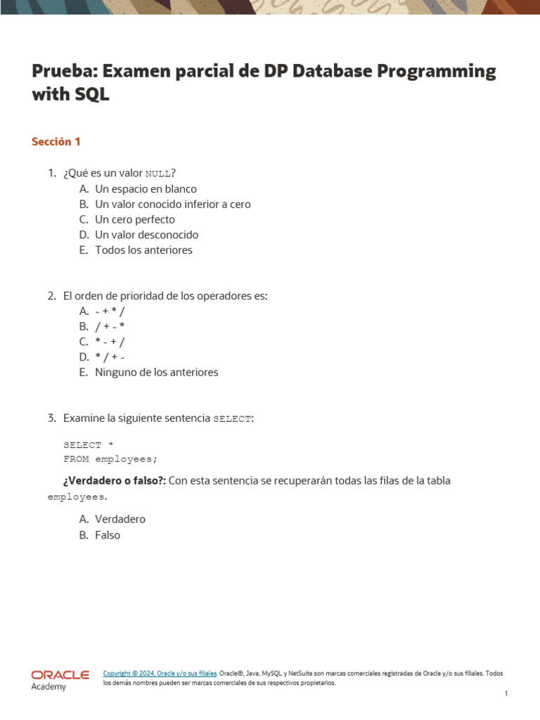 DP - Midterm Exam - Esp | PDF | SQL | Gestión de tecnología de la información