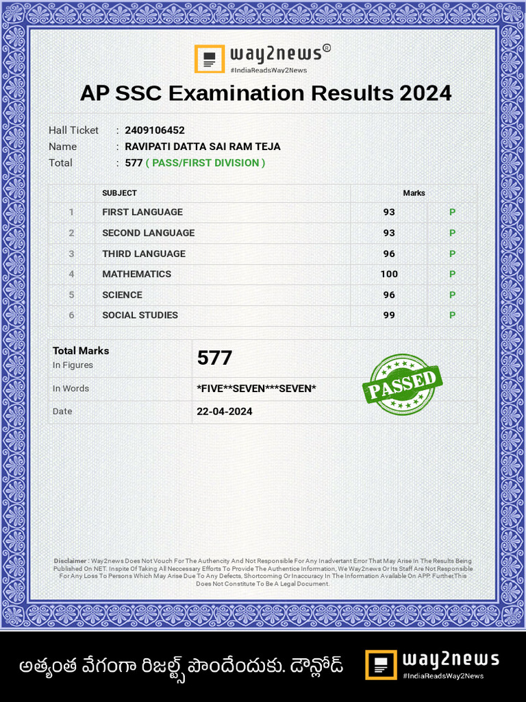 SSC Examination Results:: 2409106452: Ravipati Datta Sai Ram Teja: 577 ...