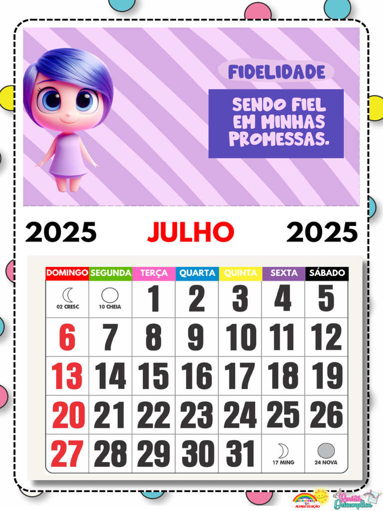 Julho Calendario 2025 Divertidamente | PDF