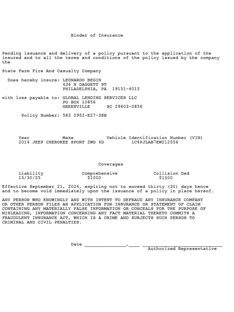 State Farm Insurance Binder Details | PDF