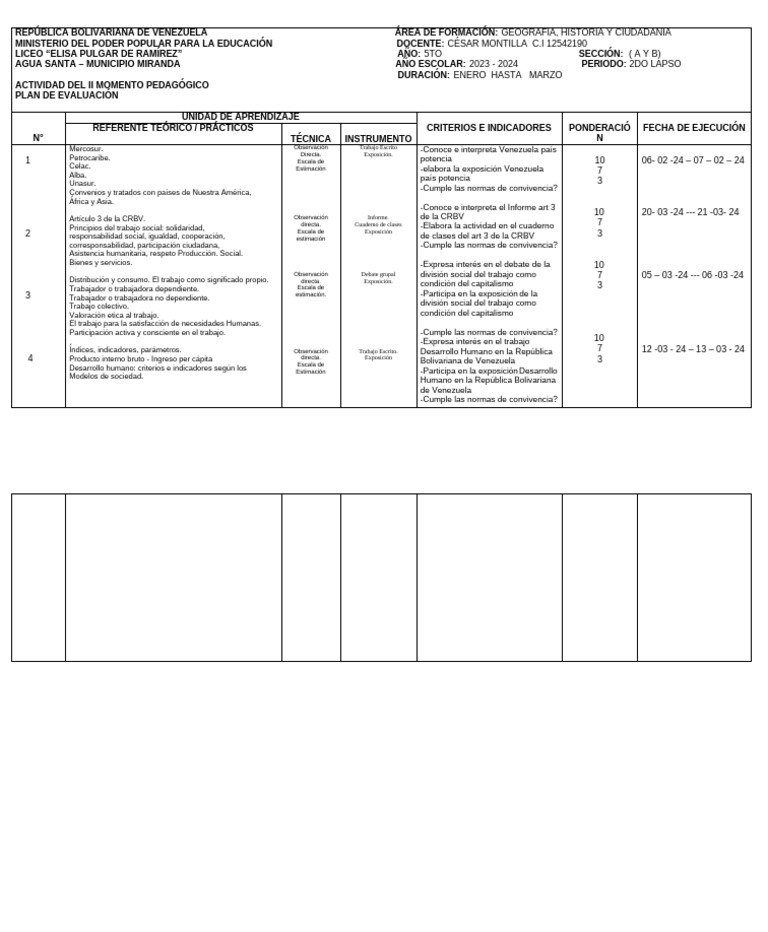 (Cesar) Plan de Evaluación de GHC 4to A y B 2do Lapso 2023-2024 | PDF | Venezuela | Economias