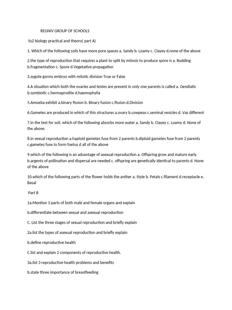 Biology SS2 Reproduction Practical Guide | PDF