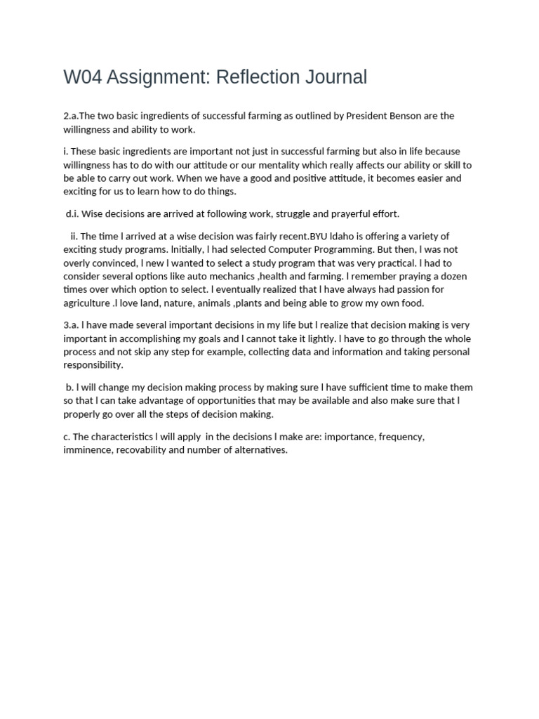 W04 Assignment Reflection Journal | PDF