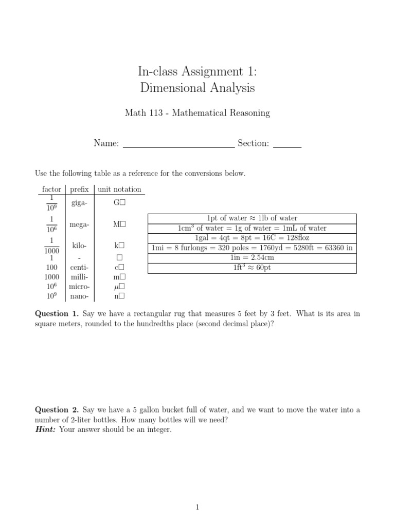 Dimensional Analysis Assignment Guide | PDF