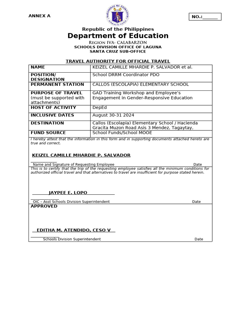 Travel Authority For Official Travel (Gad) | PDF