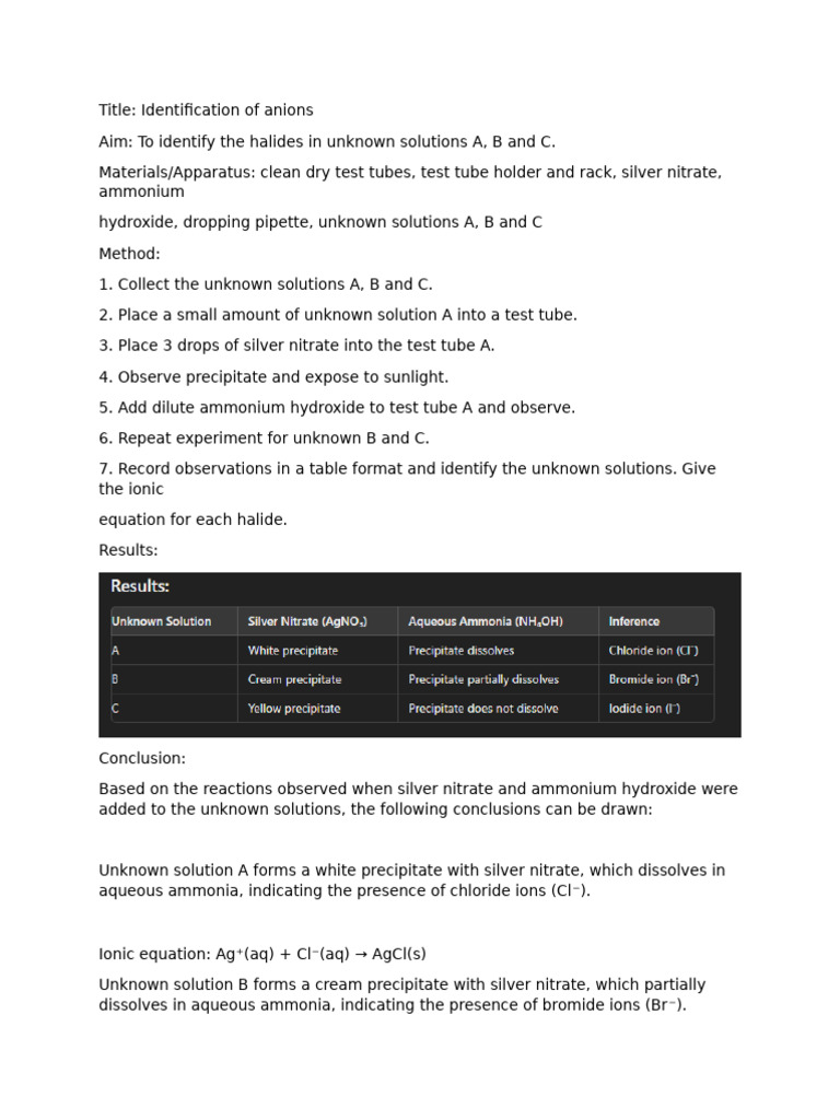 Anion Lab | PDF