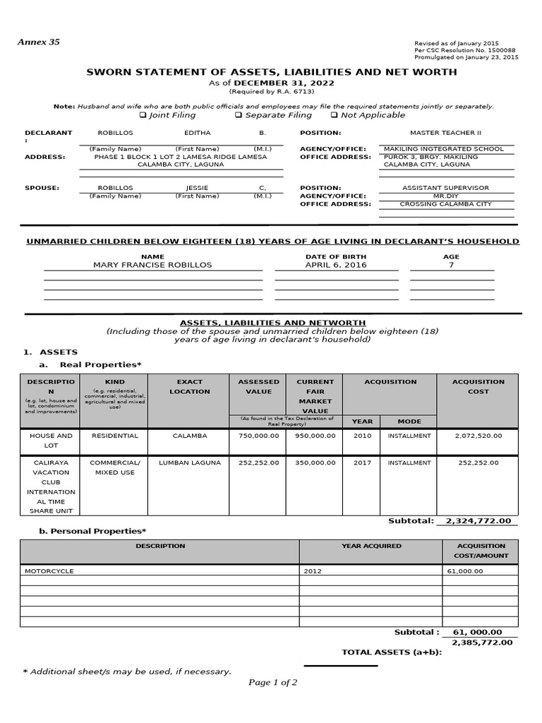 2015 SALN Form BLANK 1 Annex 35 For Saln 2024 1 2024 | PDF | Identity Document | Net Worth