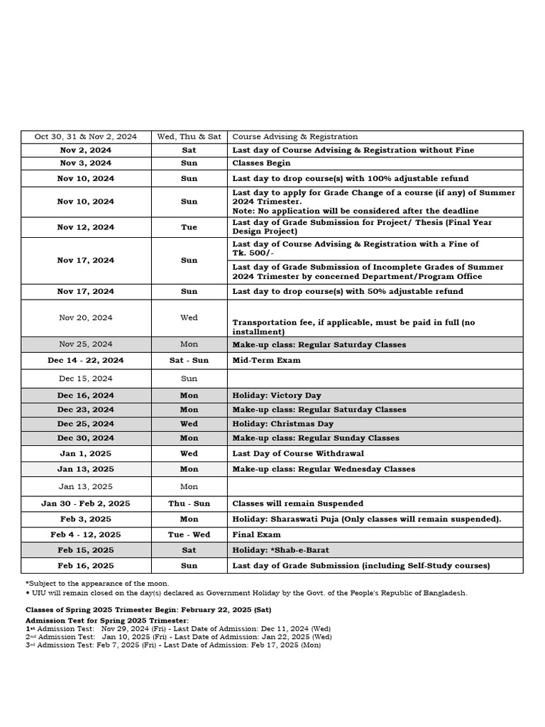 UIU Academic Calendar Spring 2025 | PDF | Academic Term | Academia