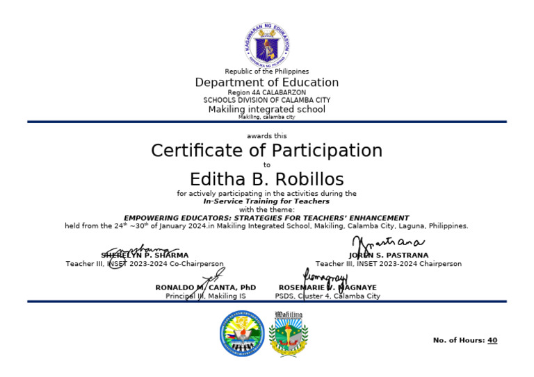 Inset 2023-2024 Certificate of Participation | PDF