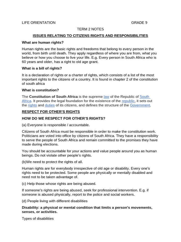 Grade 9 Life Orientation Term 2 Notes | PDF | Affirmative Action ...
