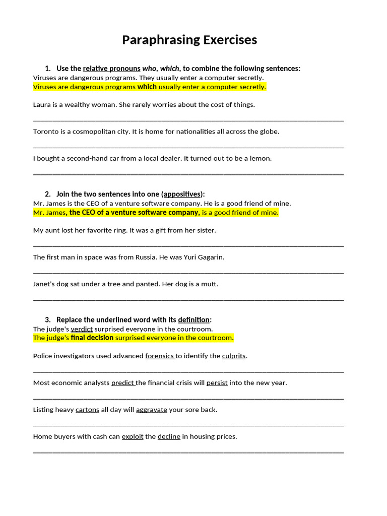 Paraphrasing Exercises Students | PDF