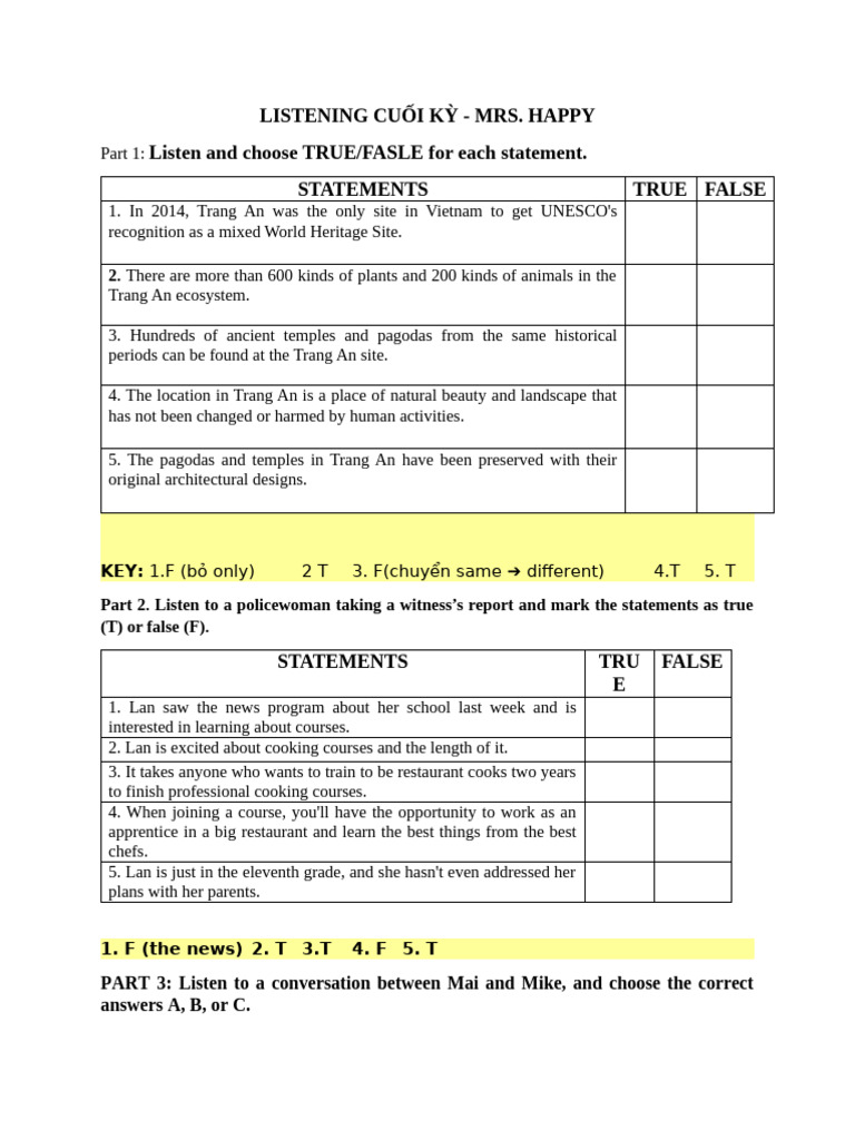 True/False Listening Exercise | PDF