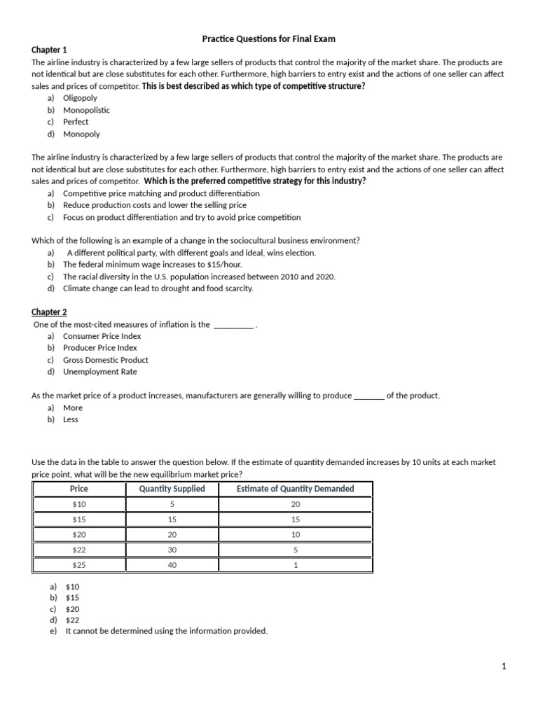 Final Exam Practice Questions | PDF | Monopoly | Balance Of Trade