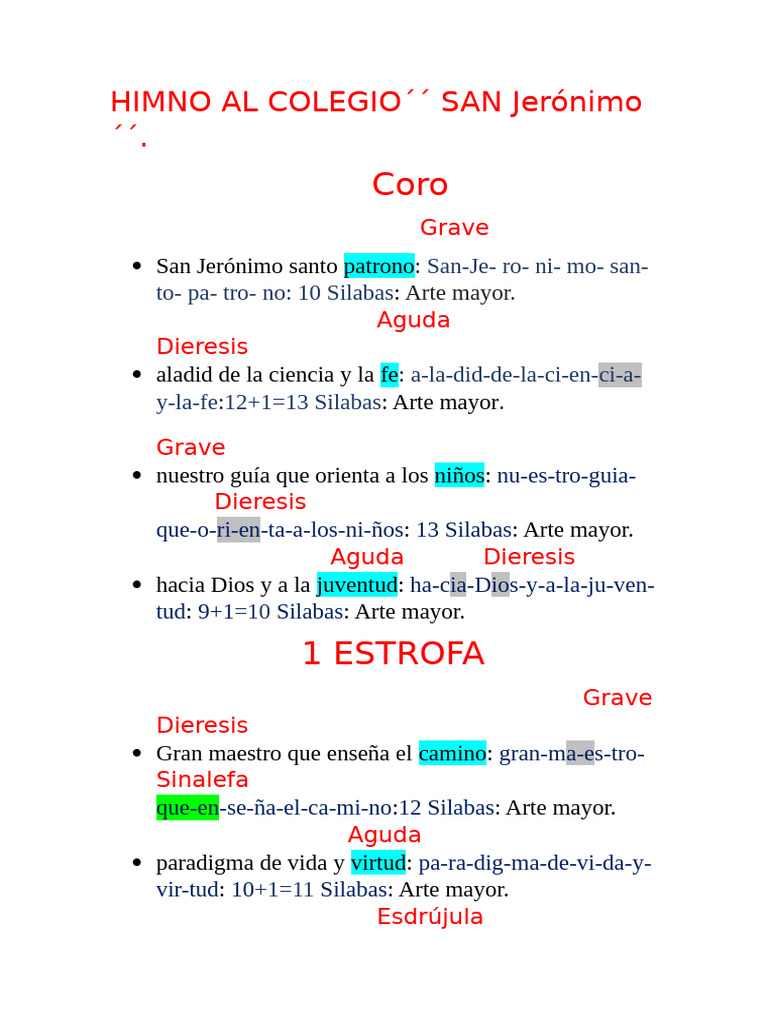 Himno Al Colegio San Jeronimo . | PDF