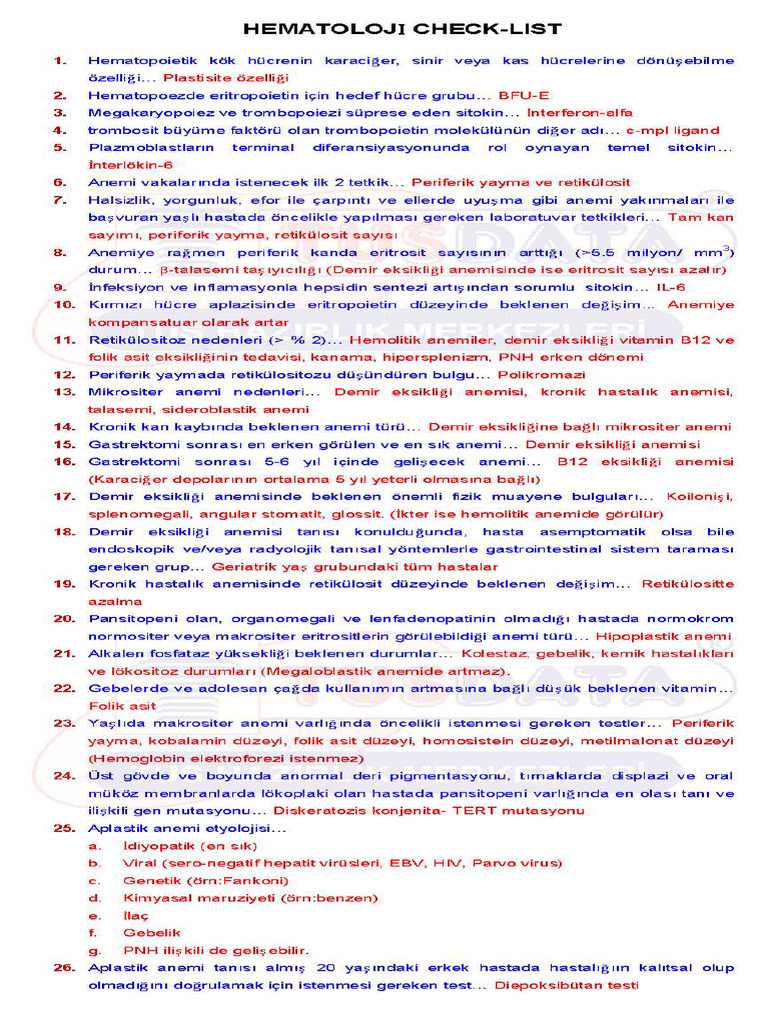 Hematoloji-Onkoloji check-list | PDF