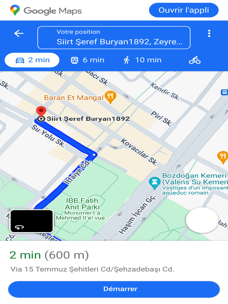 Itinéraire - Votre position vers Siirt Şeref Buryan1892, Zeyrek, Zeyrek Mahallesi, Ömer Efendi ...