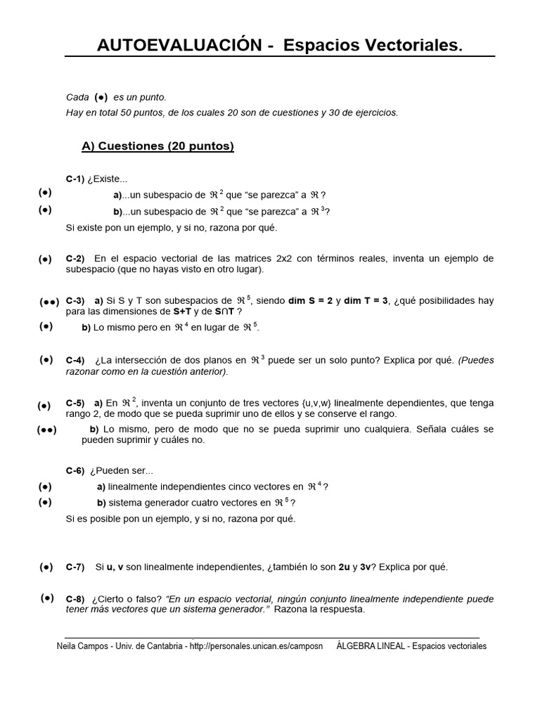 Espacios Vectoriales Autoeval | PDF | Espacio vectorial | Base (álgebra lineal)