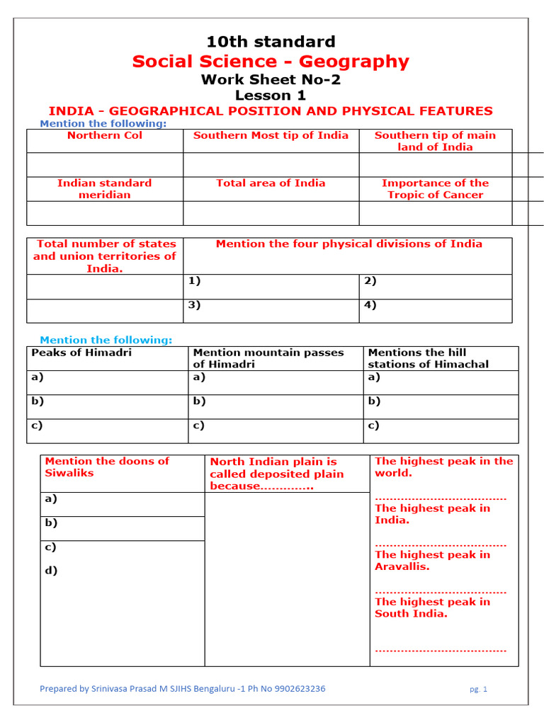 10th Social Science Work Sheet | PDF | Physiographic Divisions | Geography