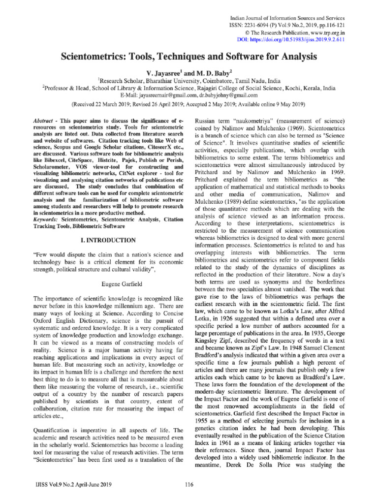 Jayasree e Baby 2019 Scientometrics- Tools, Techniques and Software for ...