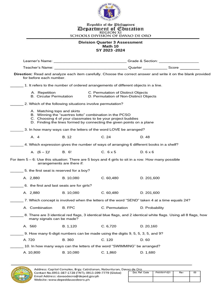 Math 10 | PDF | Permutation | Probability