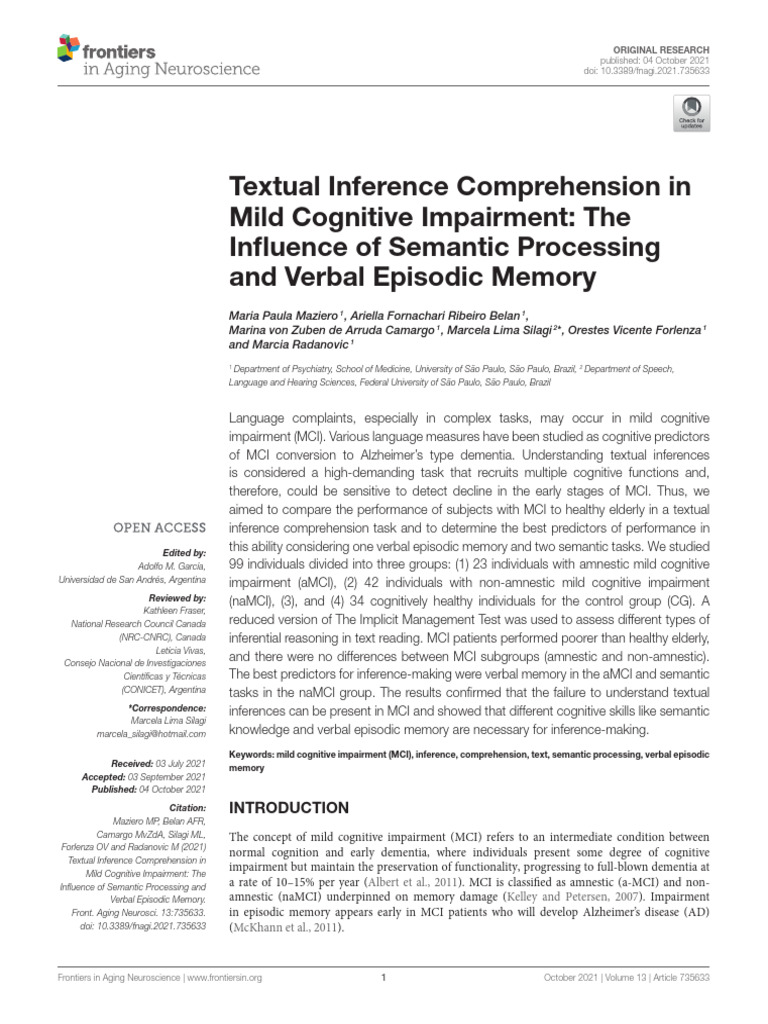 Textual Inference Comprehension in Mild Cognitive Impairment | PDF | Dementia | Akaike ...