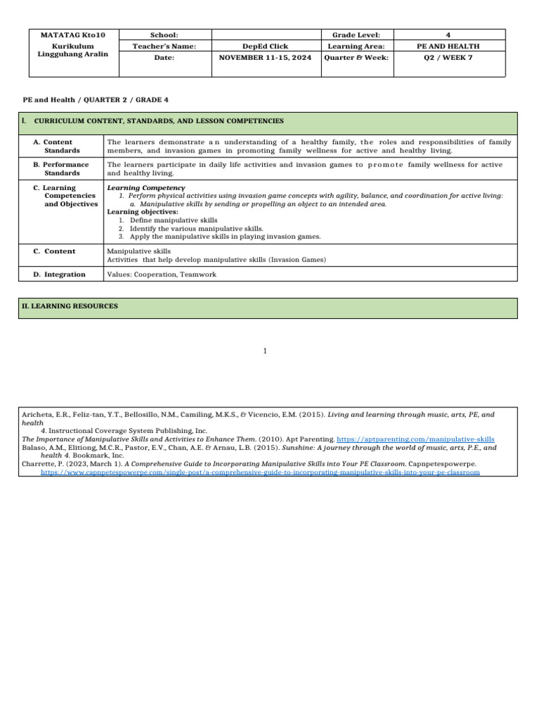 Manipulative Skills in PE: Week 7 Guide | PDF | Hand | Physical Education